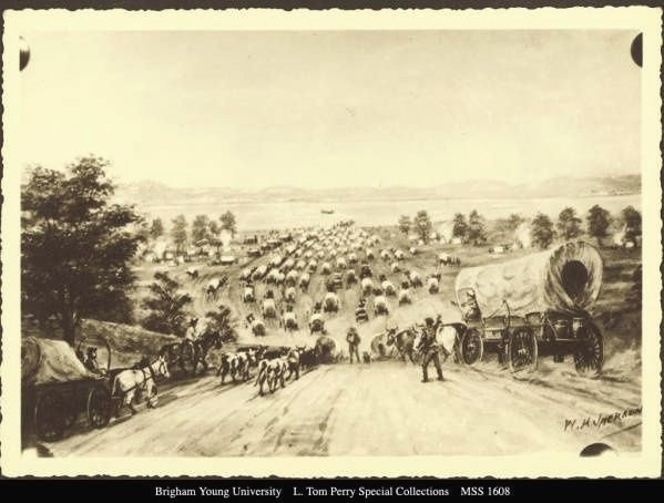 Pioneers heading west in the the great land rush, crossing the Missouri ...