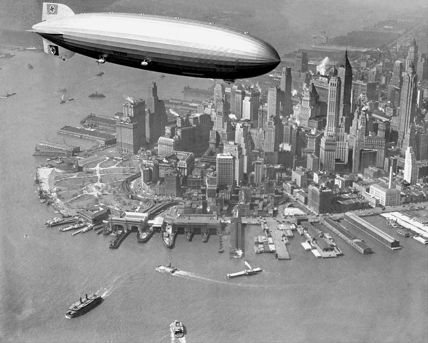 The Hindenburg flying over lower Manhattan, NYC, 1930s | MATTHEW'S ISLAND