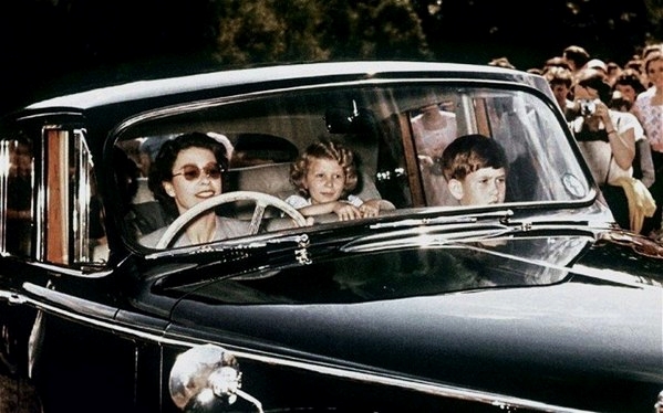 Queen Elizabeth II driving Prince Charles and Princess Anne, 1957 ...